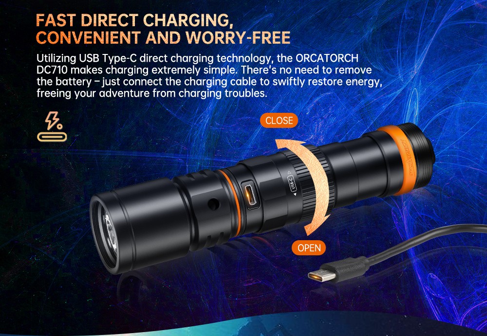 OrcaTorch DC710 Scuba Dive Light with USB-Type C Direct Charging